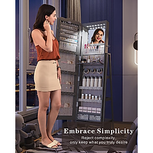 Dystler Full-Length Mirror Jewelry Cabinet: 360°Swivel Jewelry Armoire Cabinet with LED Lights - Built in Vanity Mirror Lockable Standing Jewelry Organizer with Large Capacity Shelves& Drawer Grey