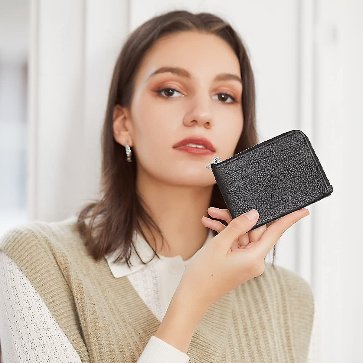 AOLUC Top Grain Genuine Leather Small Slim Mini Change Wallets for Women RFID Blocking Pocket Zipper Wallet Ladies Card Case Coin Purse with ID Window