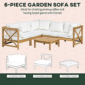 Outsunny 6 Piece Wood Patio Furniture Set, Outdoor Sectional Sofa with Cushions and Coffee Table, Acacia Wood Conversation Set Couch, Cream White