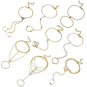 Sanfenly 8 Pieces Finger Ring Bracelets Hand Harness Chain Bracelet Gold Rhinestone Vintage Adjustable Slave Chain Ring Bracelet for Women Hand Jewelry