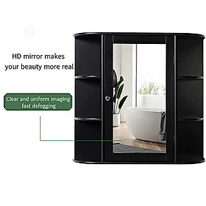 Iwell Bathroom Medicine Cabinet with Mirror, Bathroom Wall Cabinet with 2 Adjustable Shelves & 6 Open Shelves, Bathroom Cabinet Wall Mounted, Over The Toilet Space Saver Storage Cabinet, Black
