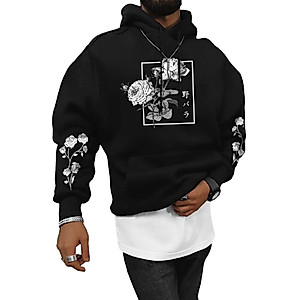 SOLY HUX Men's Floral Print Casual Graphic Hoodies Drawstring Long Sleeve Pullover Sweatshirt Black Floral M