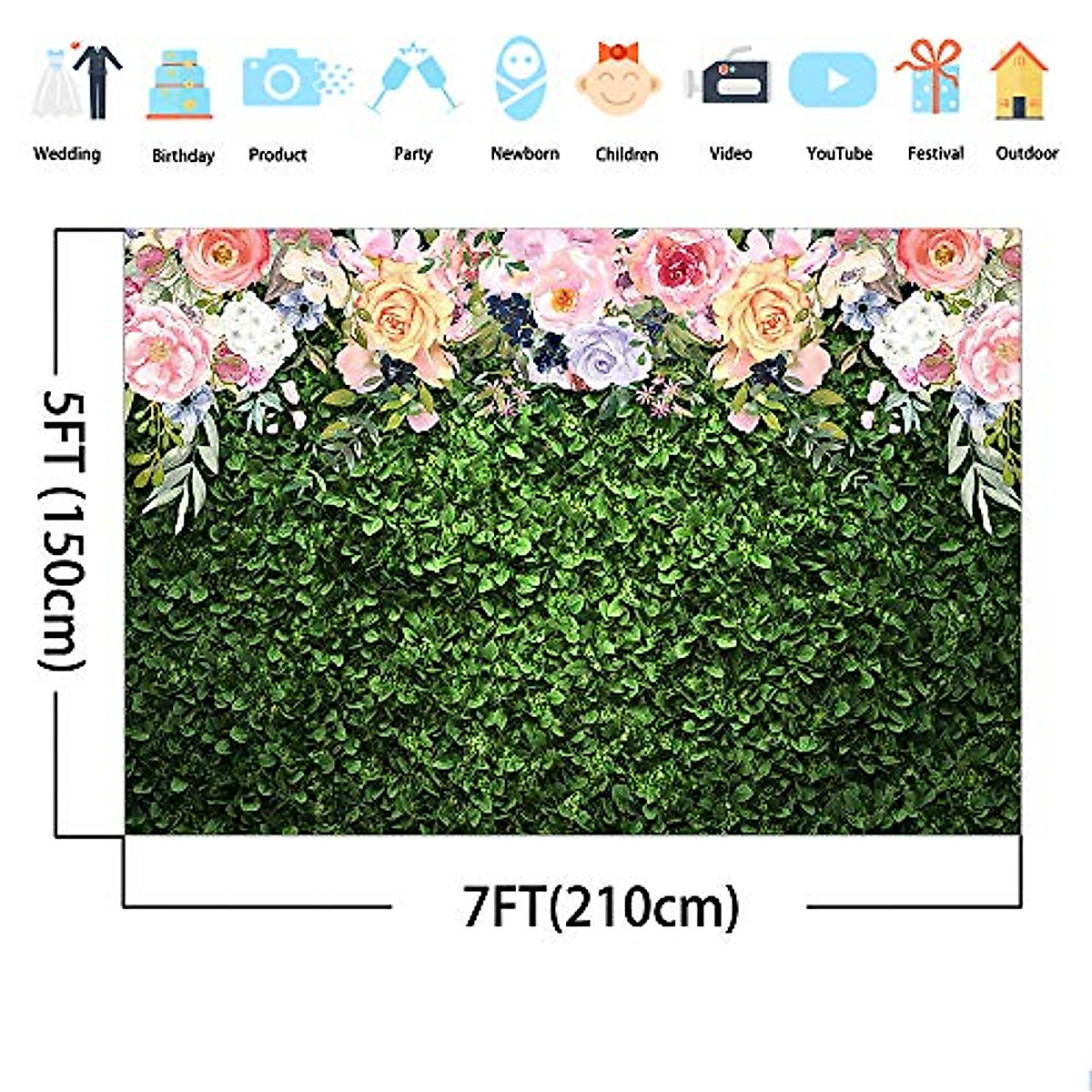 Avezano 7x5ft Flower Grass Photography Backdrop Green Spring Grass Lawn Party Background Vinyl Floral Grass Birthday Baby Shower Miss to Mrs Wedding Bridal Shower Backdrops Cake Table Decorations