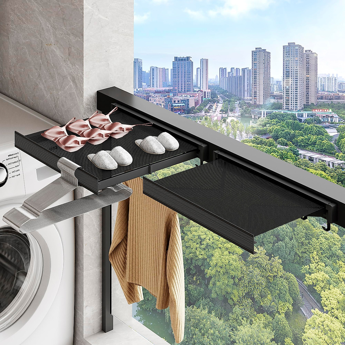 HEILAIYI Wall Mounted Drying Rack,Pull-out Storage Rack with Mesh, Hidden Bathroom Storage Rack with Hook, Space-saving,Dry Underwear, Socks, Rag Dolls, etc.