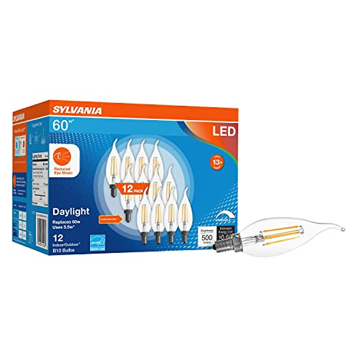 LEDVANCE Sylvania Reduced Eye Strain B10 LED Light Bulb, 60W = 5.5W, 13 Year, Candelabra Base, Dimmable, Clear, Daylight - 12 Pack (41226)