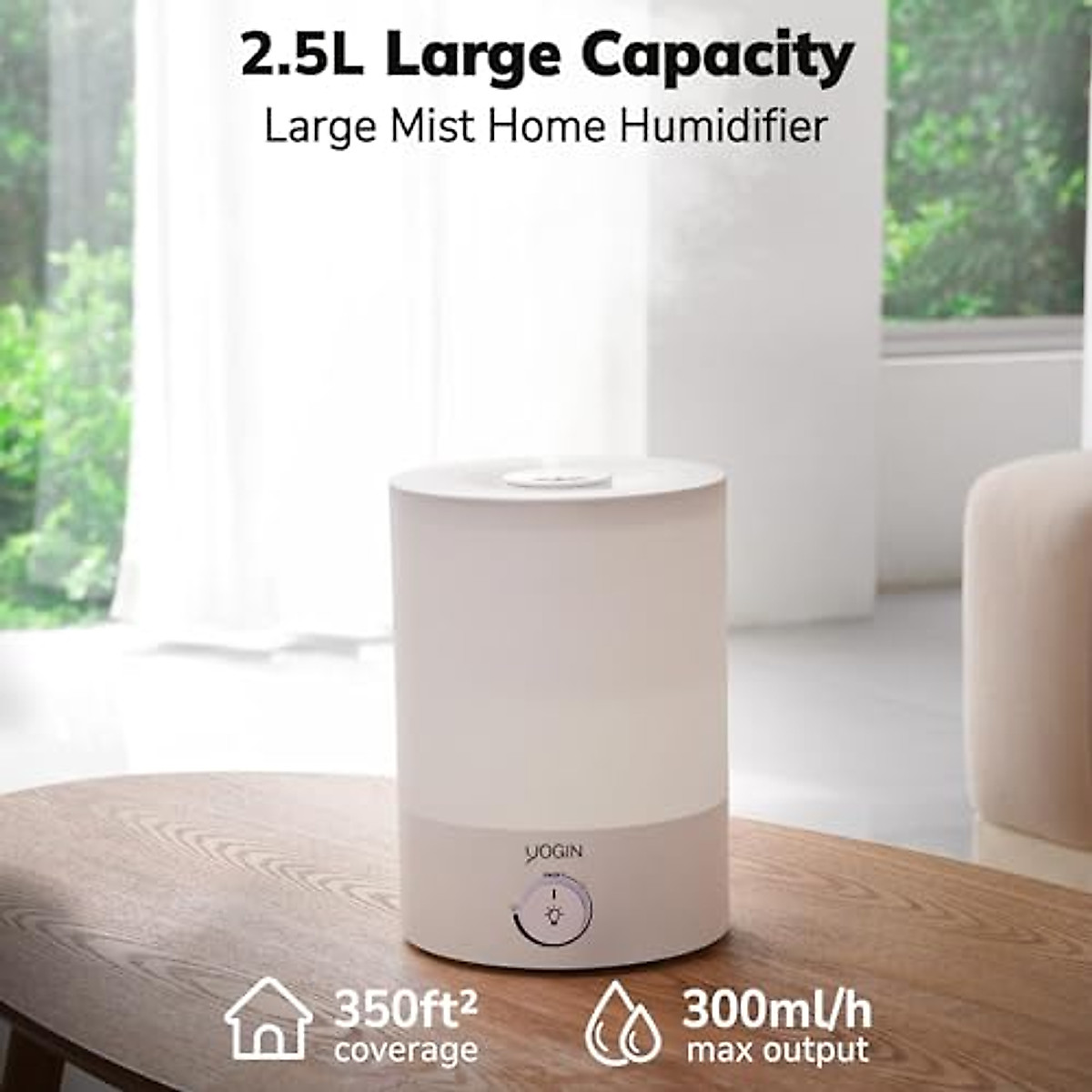 YOGIN Humidifiers for Bedroom Large room,Top fill 2.5L Ultrasonic cool mist Humidifiers for Baby Nursery and Plants,Up to 24 Hours, 24db Quiet,Night Light, Auto Shut Off, Easy Clean Humidifier