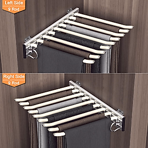 mopam Pull Out Trousers Rack 9 Arms Retractable Closet Pants Hanger Side Mounted Space Saving Trouser Hanger Rack, Left Side Installation, Beige