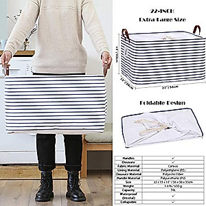 Hinwo 2-Pack 70L Extra Large Canvas Fabric Storage Bins with 77L Laundry Hamper, Grey Stripe