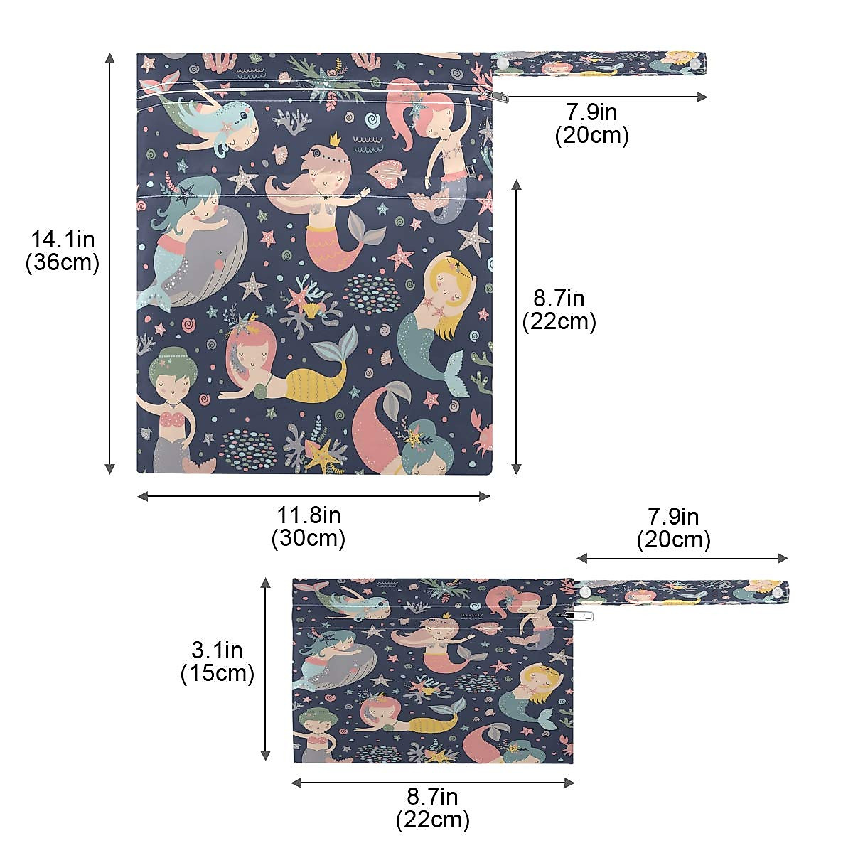 KEEPREAL Cute Girls Mermaid Wet Dry Bag for Cloth Diaper&Swimsuit,Travel&Beach - Water Resistant Wet Bags - Perfect for Wet Clothes, Toiletries, 2 Pack