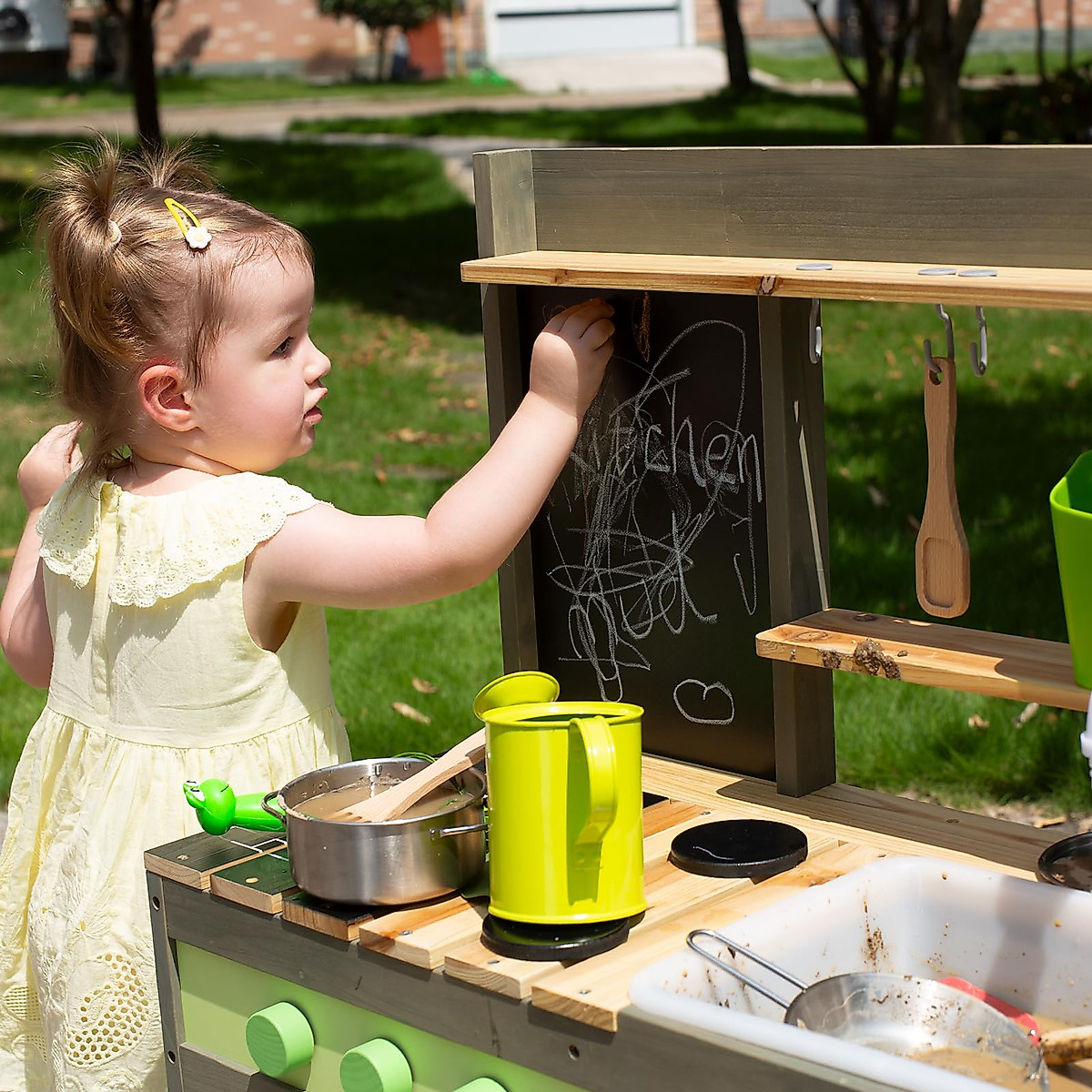 Giant bean Mud Kitchen Playset for Kids, Deluxe Wooden Toy Play Kitchen Set for Boys and Girls Ages 3-8 Indoor & Outdoor Activities, with Sand and Water Sink, Cookware Pots and Kitchen Accessories