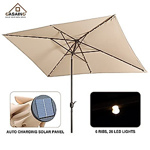 CASAINC 6.5 X10 FT Solar LED Rectangular Patio Umbrella Market Table Umbrella Outdoor Aluminium Umbrella with Push Button Tilt and Crank for Garden Lawn Deck Backyard Pool-Beige