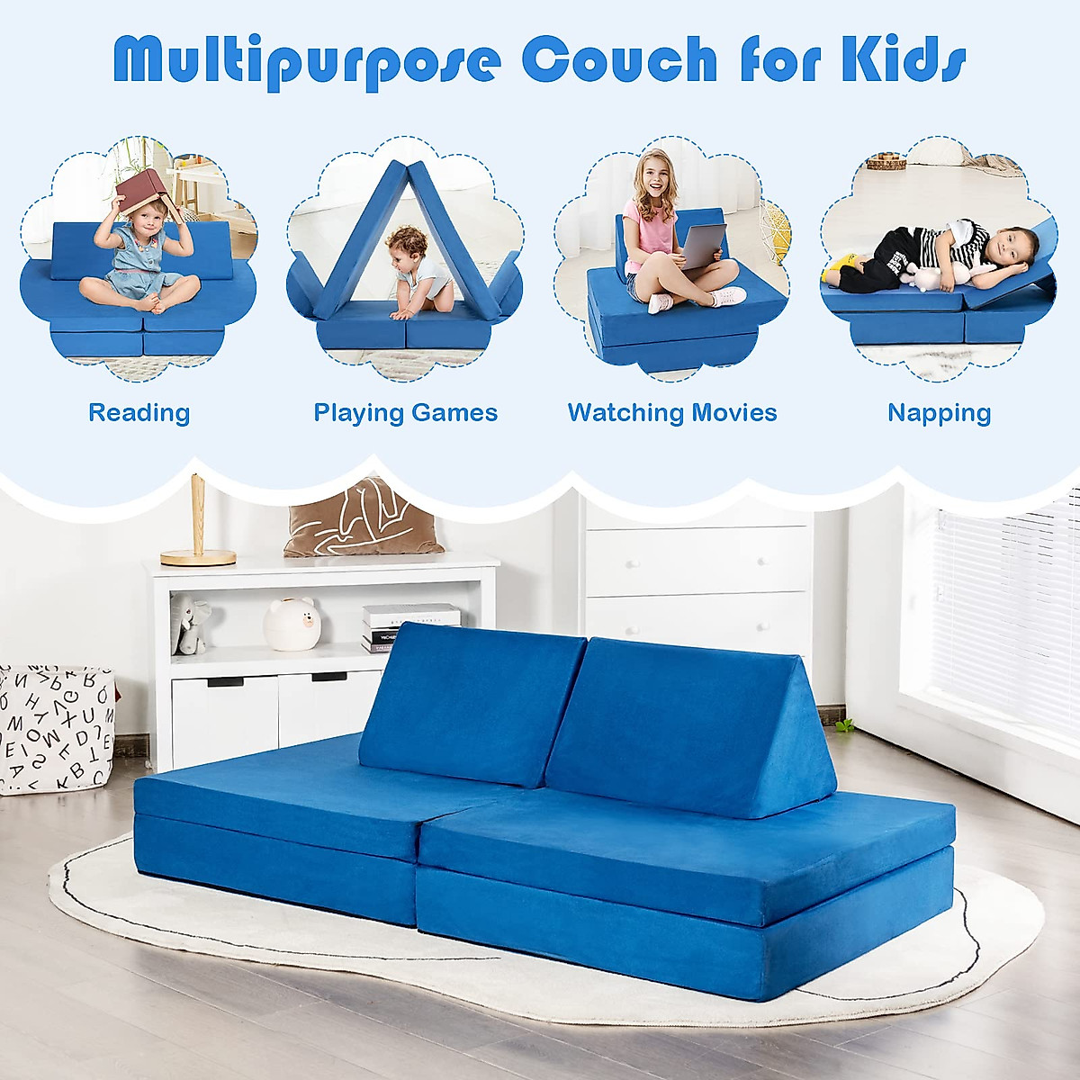 Costzon Kids Couch, 6-Piece Convertible Children's Sofa Playset or 2 Chair w/Folding Mats & 2 Pillows, Washable Cover, Toddler to Teen Bedroom Playroom Boys Girls Birthday