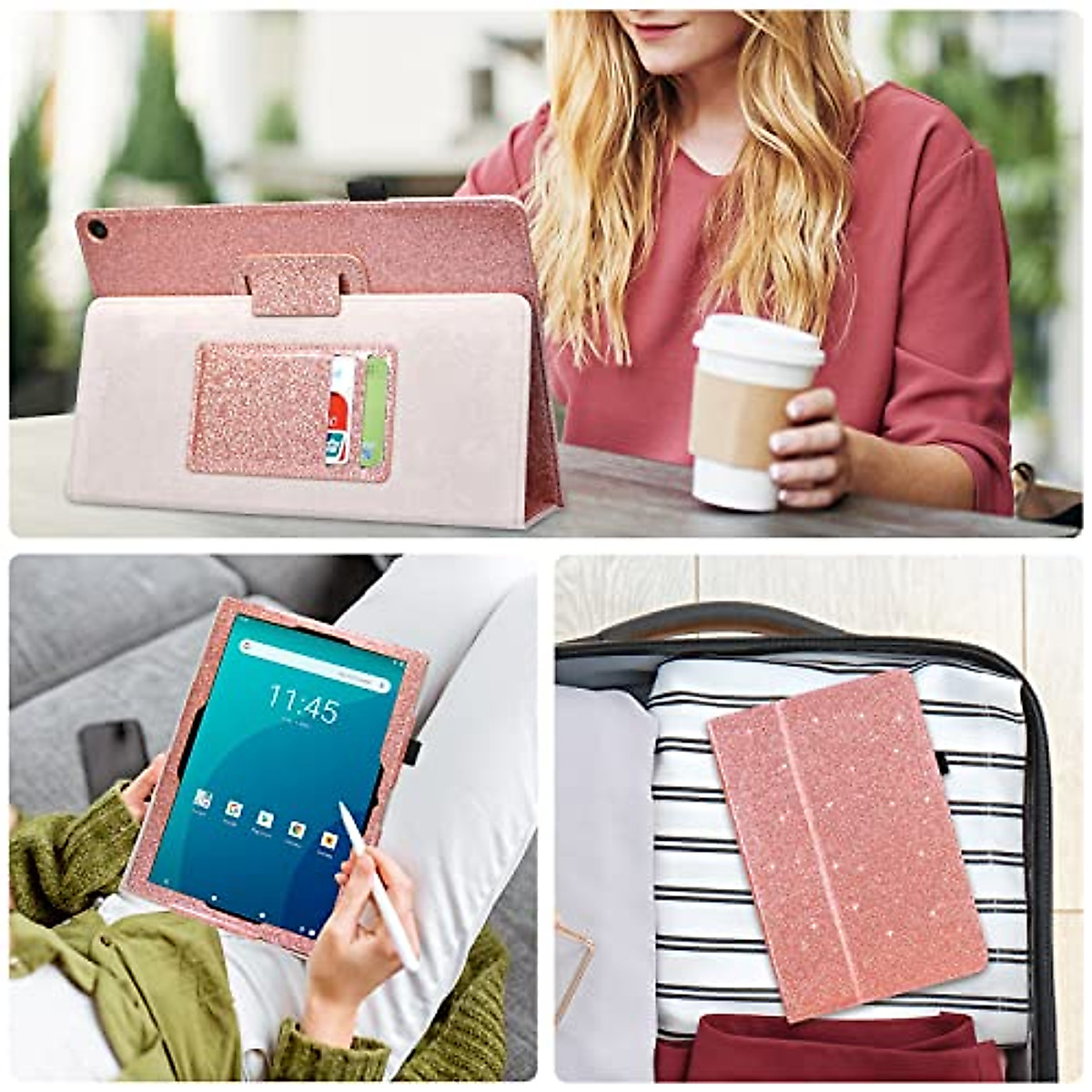 DMLuna Case for Onn 10.1 Tablet Pro (Model:100003562) ONLY (NOT FIT ONN 10.1 Tablet Model: 100011886 / ONA19TB003), Folio PU Leather Stand Case with Hand Strap Card Holder, Glitter Rose Gold