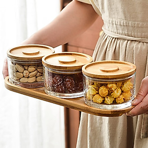 KVMORZE 9.5oz Chip and Dip Serving Set with Bamboo Tray, Snack Candy Fruit Nut Serving Platter, Small Glass Dipping Serving Bowls with Lids for Condiments, Side Dishes, Pre, Dessert, Salsa (4 Slots)