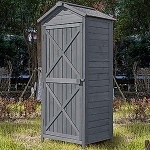 GLORHOME Outdoor Wooden Storage Sheds Tool Organizer Patio Garden Storage Cabinet Fir Wood Lockers with Workstation, Gray