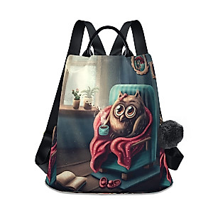 ALAZA Owl Sitting the Chair and Drinking Coffee Backpack with Keychain for Woman Ladies