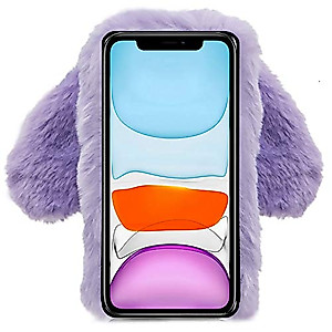 Rabbit Ear Case for iPhone 14 6.1,MIOKY Crossbody Strap Case Fuzzy Fluffy Cute Women Girls Kids Plush Ball Bunny Fur Phone Case Shockproof Silicone Bumper Protective Cover,Purple