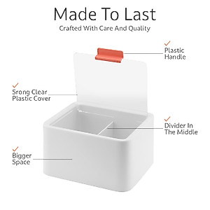 HOMEQUIP bathroom organizer Cotton Pad & Q Tip Storage with Lid – White Quip Dispenser Box with 2 Sections for Cotton Swab Balls, Makeup Sponge, Tooth Pick, Hair Accessories & Much More