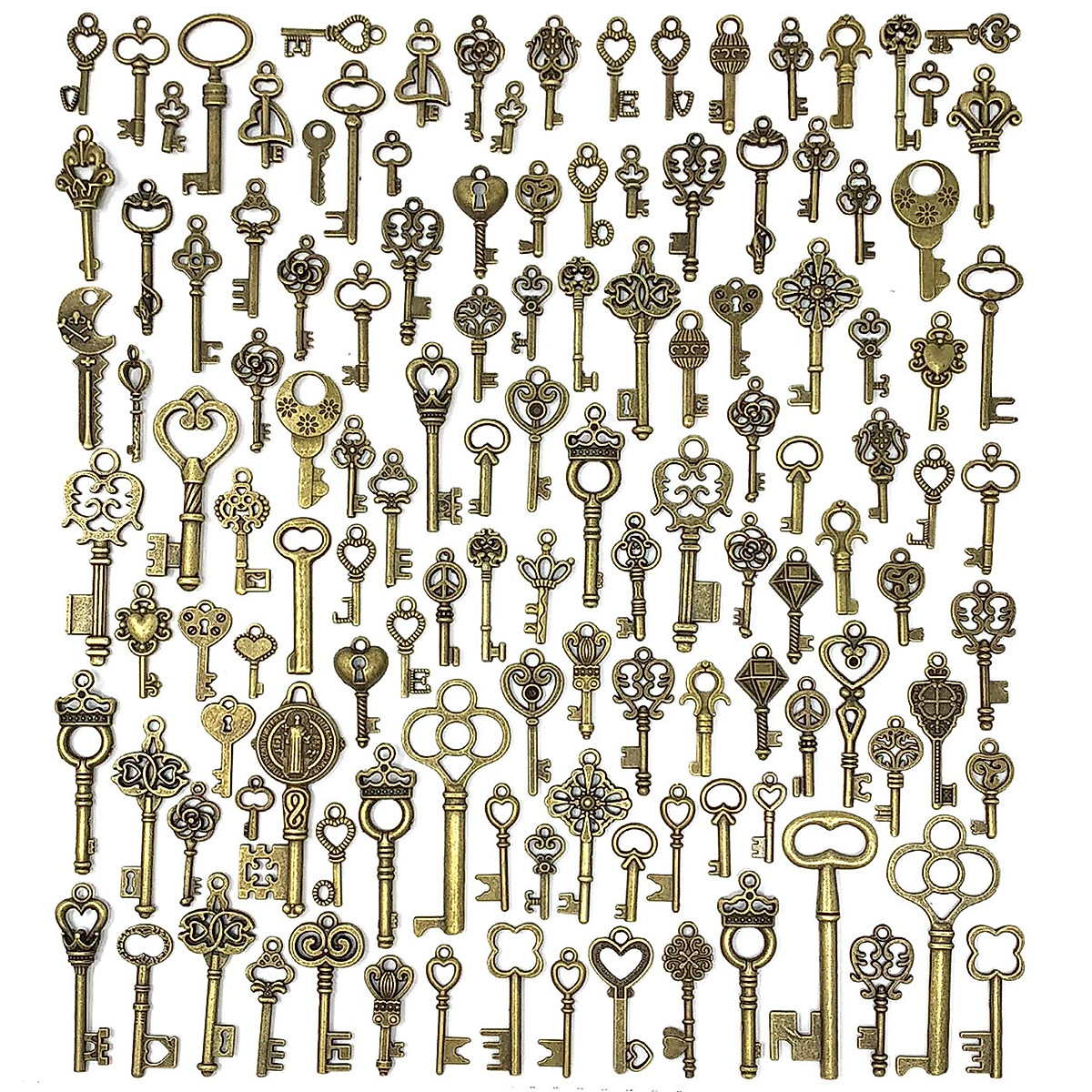 JIALEEY 125 PCS Vintage Skeleton Key Set Charms, Mixed Antique Style Bronze Brass Key Set Charms for Pendant DIY Jewelry Making Wedding Party Favors