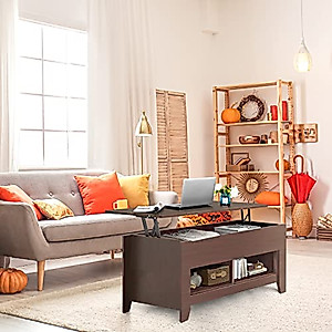 Lifetime Home Upgraded Lift Top Coffee Table with Hidden Compartment and Storage Shelf - Living Room Dining Table with Rising Tabletop Lifttop Desk for Apartment, Home, Condo - Espresso