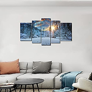 Modern Canvas Painting Wall Art Snowfield Winter Snow Forest Tree Sunrise sunset Landscape Mountain & Tree Print on Canvas Artwork Wall Decor (B)