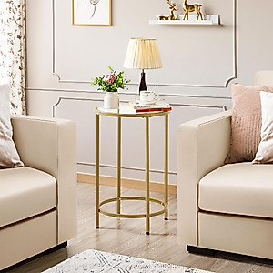 Yaheetech Gold Side Table Set of 2, Round End Tables Tall Nightstand Bedside Table Set w/Glass Top & Metal Frame for Living Room/Balcony/Bedroom/Small Space, Easy Assembly, Modern Style, Mustard Gold