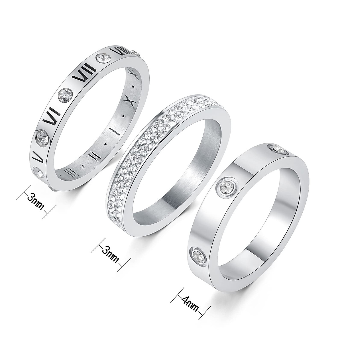 YIKOXI 3pcs Love Friendship Lucky Ring Cubic Zirconia Gold Ring Sets for Women Stainless Steel Wedding Statement Thumb Ring Bands (Silver, 8)