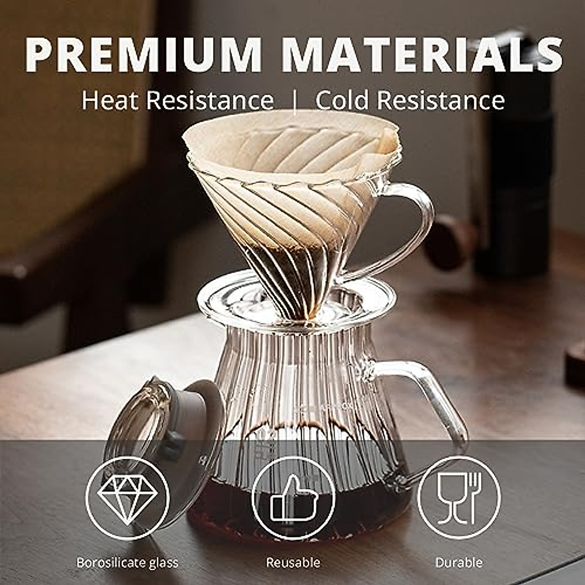 vandroop Pour Over Coffee Maker-V60 Glass Coffee Dripper with Handle and 600ml Coffee Server, Coffee Pour Over Set for Home&Office, 02 (Borosilicate Glass, 1-4 Cups)