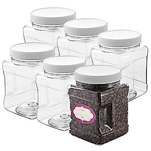 DilaBee Clear Plastic Storage Jars with Lids - 6 Pack - Square Plastic Containers with Airtight Lids - Canisters with Pinch Grip Handles - BPA-Free - 32 Oz