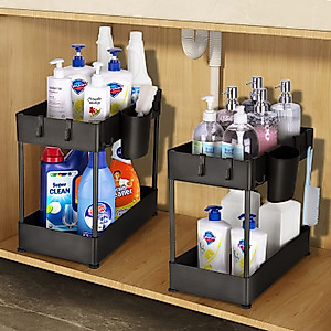 Spurtar 2 Pack Under Sink Organizers and Storage, 2 Tier Bathroom Under Cabinet Storage Multi-purpose Under Sink Storage Rack Bath Collection Baskets for Kitchen with 2 Cups and 12 Hooks, Black