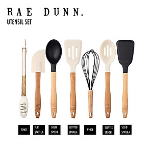 Rae Dunn Everyday Collection 7 Piece Kitchen Utensil Set-Stainless Steel and Silicone Kitchen Tools with Wooden Handles- (Black and White)