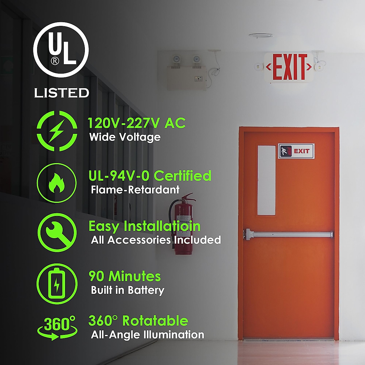 GRUENLICH LED Exit Sign Combo with Emergency Lights, Adjustable Heads and Double Sided, Battery Backup, UL 924 Qualified, AC 120-277V, Commercial Emergency Exit Light for Business- 1 Pack