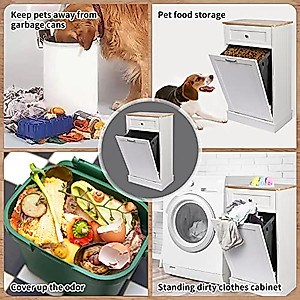 TOLEAD Tilt Out Trash Cabinet,Antique-Style Beadboard Kitchen Island with Solid Wood Tabletop & Drawer, Pet Proof Trash Can, Wood Laundry Cabinet (White)