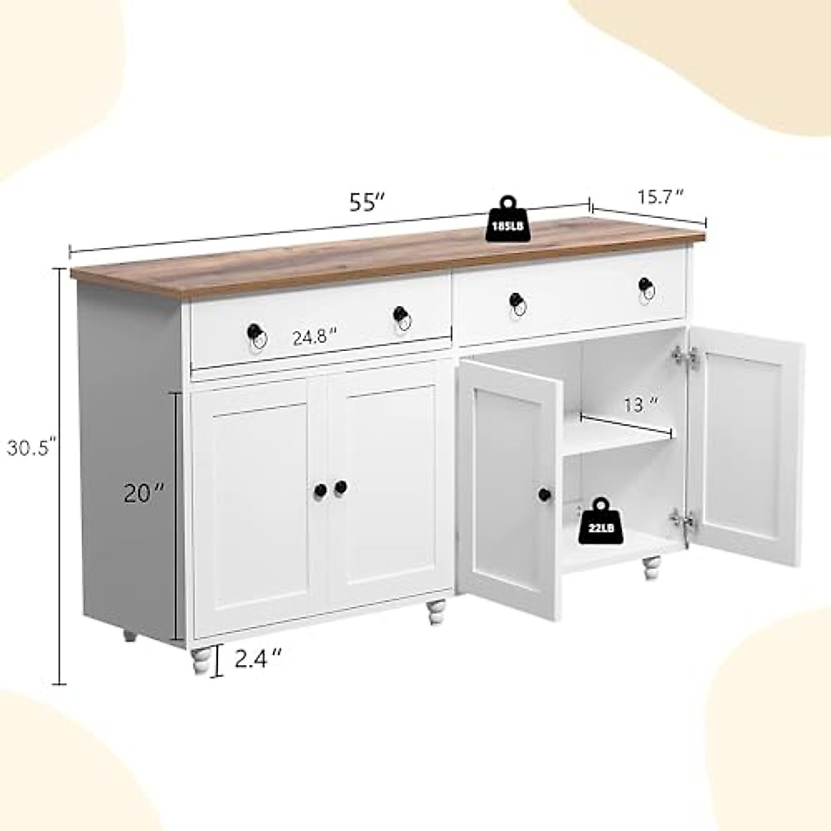 4 EVER WINNER Sideboard Buffet Cabinet with Storage, 55" Kitchen Buffet Storage Cabinet with 2 Drawers and 4 Doors, Retro Coffee Bar Cabinet Wood Buffet Table Dining Room Cabinet, White