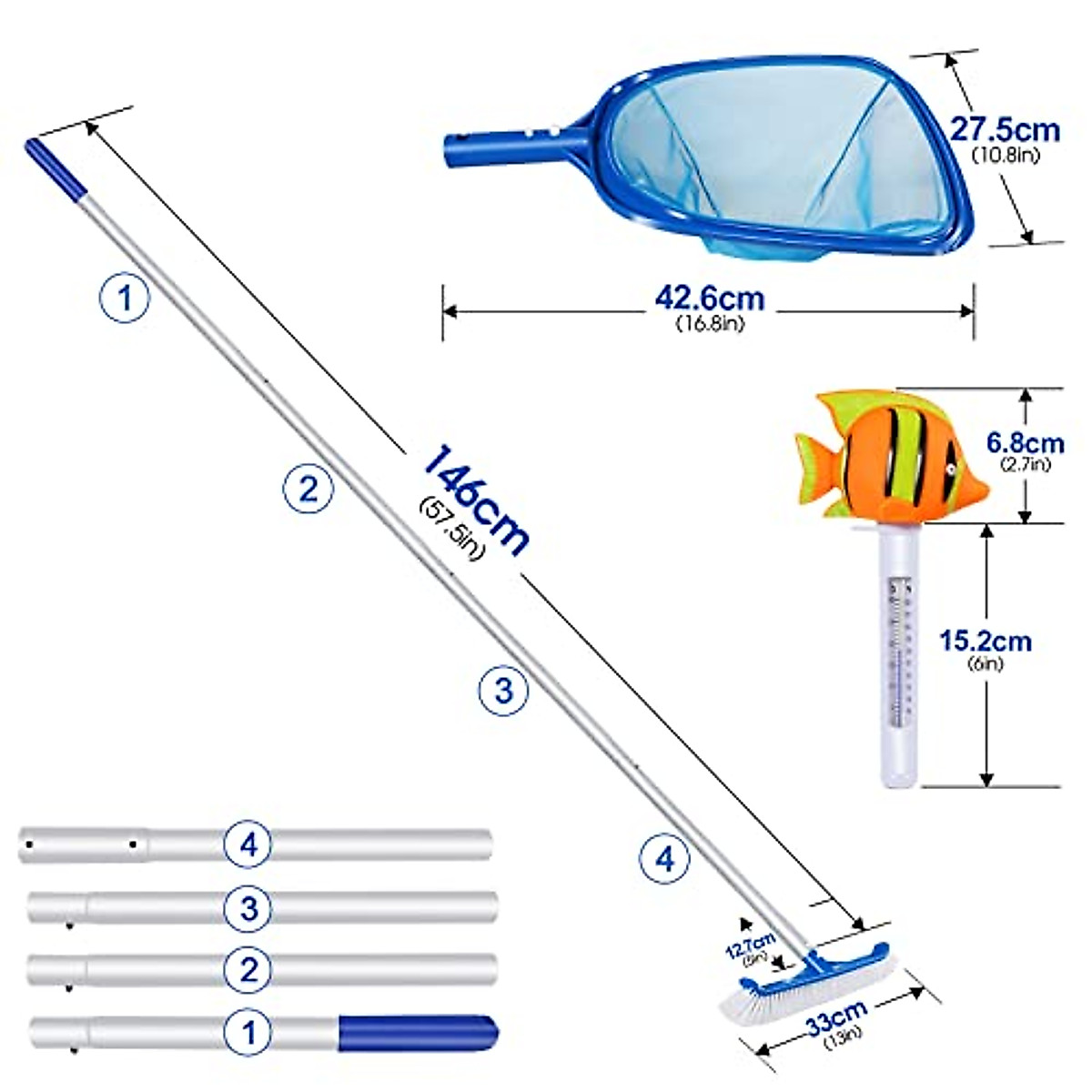 Almcmy Swimming Pool Cleaning Kit,57 Inch Long Handle Swimming Pool Cleaning Brush,Pool Cleaning Set with Pool Skimmer Net,Best for Above Ground Pools,Spas,Ponds - Blue