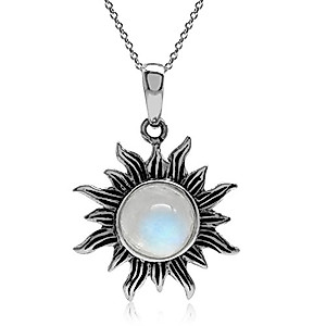 Silvershake 8MM Natural Moonstone 925 Sterling Silver Sun Ray Inspired Pendant with 18 Inch Chain Necklace