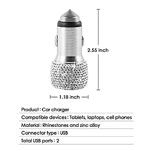 Sparkle Drive with Our Valentine's Day Special: Dual USB Bling Car Charger with Rhinestone Decor, Emergency Hammer & Nylon Braided Cable for iPhone, iPad, Samsung - Fast Charging Decor Gift for Women