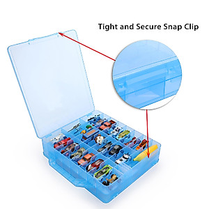 BTSKY Double Sided Toy Storage Organizer with 48 Compartments, Toy Organizer Carrying Case for Hot Wheels Car, Matchbox Cars, Mini Toys, Small Dolls, and more Mini Cars Collection(Blue)