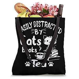 Easily Distracted by Cats, Books & Tea Cat & Book Lover Tote Bag