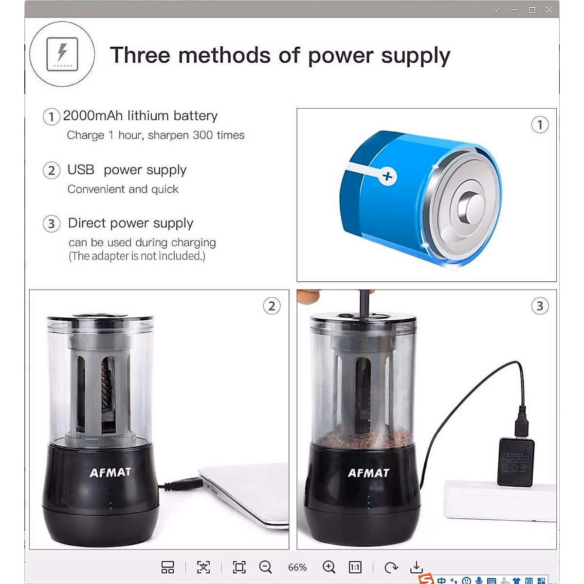 AFMAT Rechargeable Long Point Pencil Sharpener for Artist, 3 Point Options, Auto Stop, 8-25mm Super Long Tip, Electric Artist Pencil Sharpener for φ6-8.5mm Charcoal/Drawing/Sketching/Colored Pencils