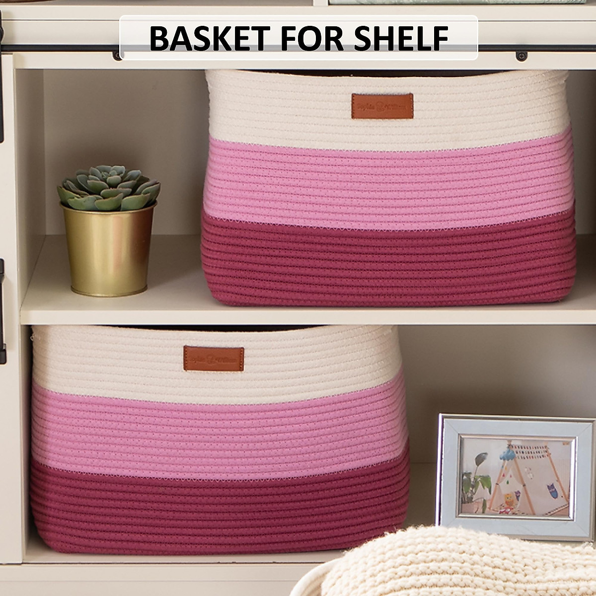PHI VILLA Large Cotton Rope Basket, Woven Nursery Laundry Blanket Basket Toy Basket with Handles for Storage, Living Room, 15 x 10 x 8 inches, ‎Gradient Pink, 1-Pack