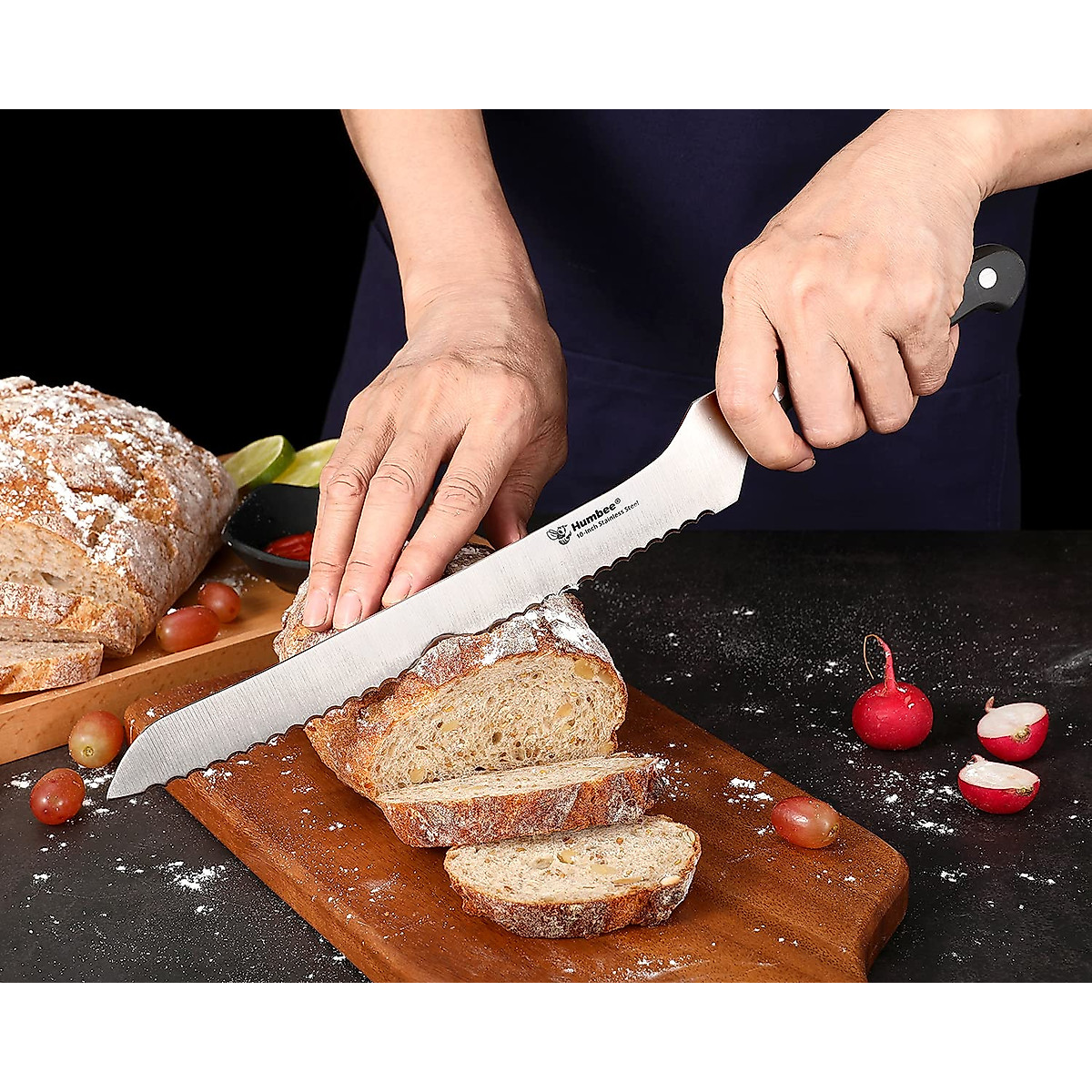 HUMBEE, 10 inch Offset Bread Knife Serrated Knife Wave Edge Blade