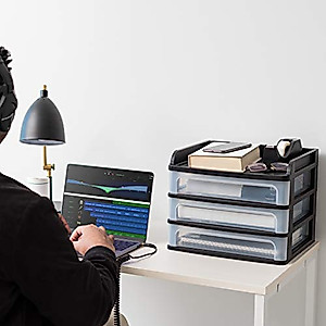 IRIS USA Medium 3-Drawer Desktop Organizer with Open Tray Top, 2 Pack, for Office, School, Stationary, Makeup Organizer, Bathroom, Utility, Medical Supplies, Desk Organizer, Versatile Storage, Black