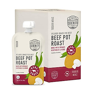 Serenity Kids Bone Broth Puree Made With Organic Veggies | Clean Label Project Purity Award Certified | 3.5 Ounce BPA-Free Pouch | Grass Fed Beef Pot Roast | 6 Count