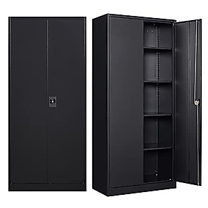 BYNSOE 71" Metal Storage Locker Metal Garage Locker Cabinets with Locking Door and 4 Adjustable Shelves, Steel Classic Storage Cabinet for Home, School, Office, Garage (Black-Style 1)