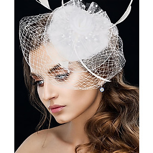 Kidukso Mesh Veil Hats Headbands Bridal Fascinators Hats with Headband and Clip Women Lady Kentucky Derby Cap Wedding Tea Party, White