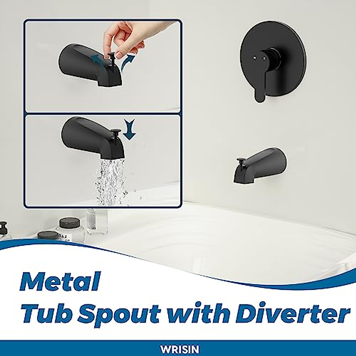 WRISIN Black Shower Faucet Set with Tub Spout, Black Shower Head and Handle Set, Matte Black Shower Fixtures with 6 Inch High-Pressure Rain Shower Head