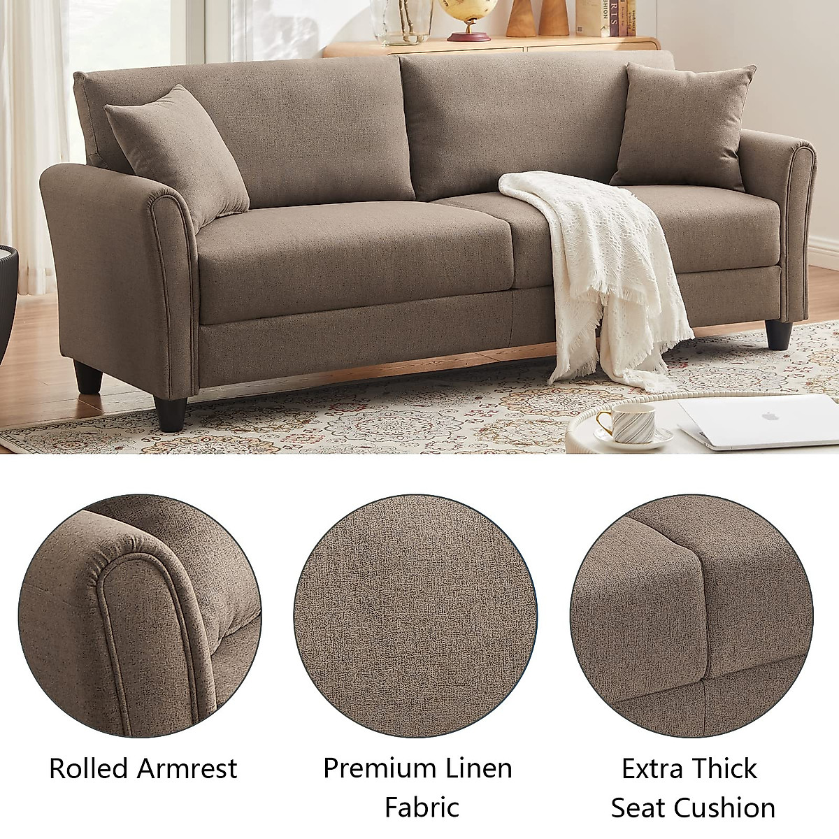 mikibama 85 Inches Mid-Century Modern Couch 3 Seater Long Sofa with 2 Throw Pillows Linen Fabric Upholstered Sofa with Rolled Armrest for Living Room, Bedroom (Light Brown)