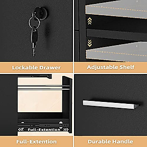 Shahoo 3 Drawer Filing Cabinet, Mobile Lateral Printer Adjustable Open Storage Shelf, Lockable Wheels for Home Office, Dark Black