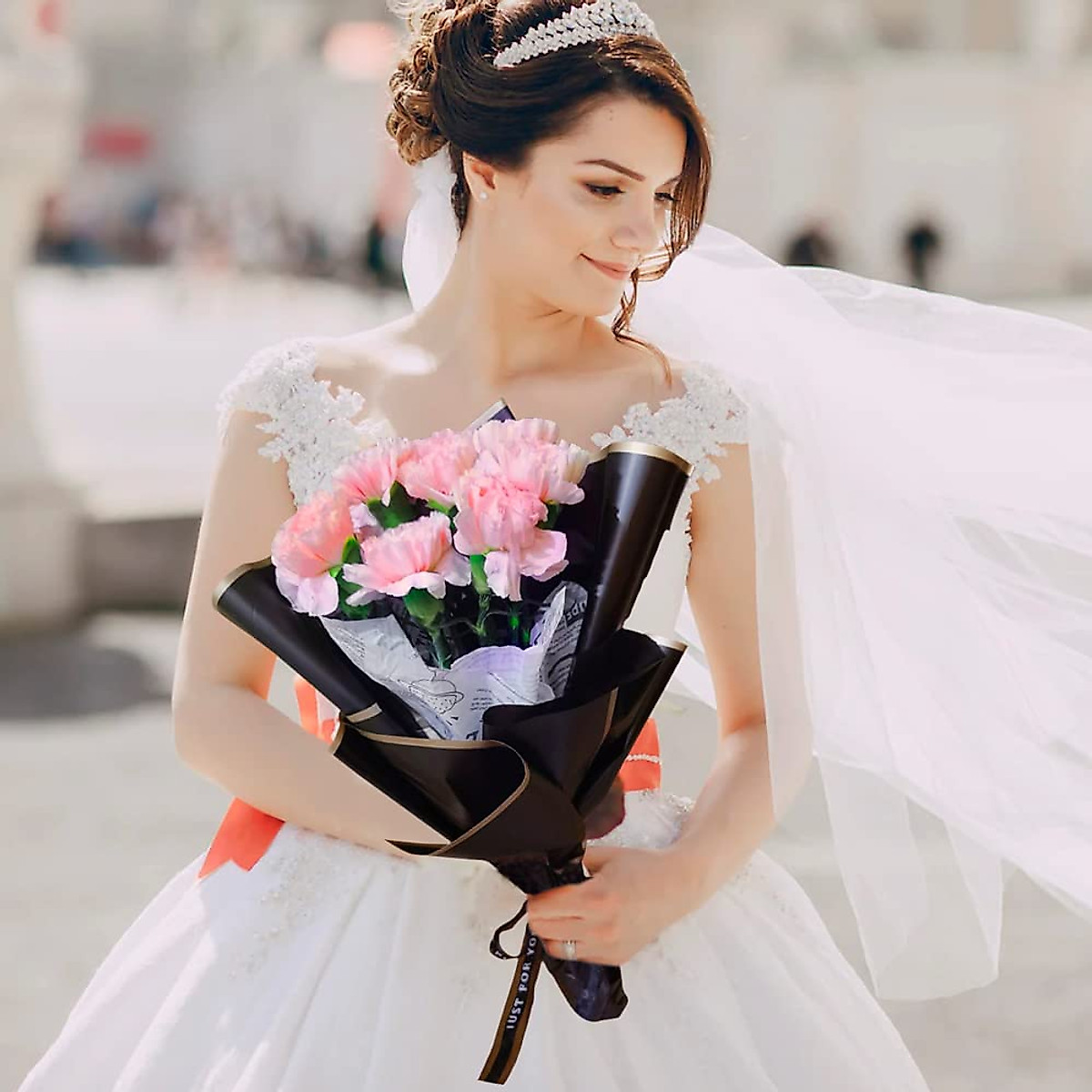 120 Pcs Gold Edge Flower Wrapping Paper, Pure Color Translucent Waterproof Bouquet Wrapping Paper Florist Paper for Bouquets Gift Wedding DIY Crafts Packaging(Black)